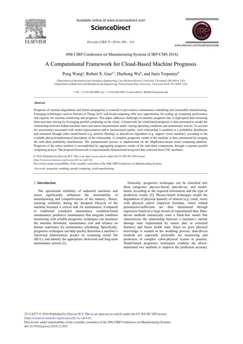 Pdf A Computational Framework For Cloud Based Machine Prognosis