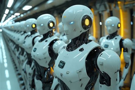 Humanoid Robots Stand In Formation Ready For Deployment In A Futuristic