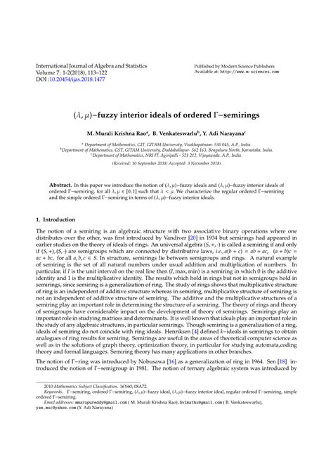 Pdf λ µ −fuzzy Interior Ideals Of Ordered Γ−semirings