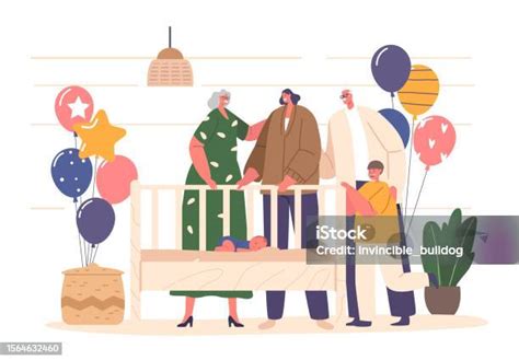 행복한 가족 캐릭터들이 집에 모여 신생아의 도착을 만나고 사람들 만화 삽화와 함께 마음이 따뜻해지는 장면 여자에 대한 스톡 벡터 아트 및 기타 이미지 Istock