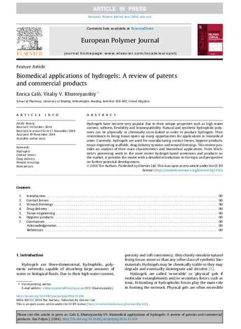 Pdf Biomedical Applications Of Hydrogels A Review Of Patents And