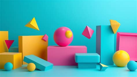 Colorful Geometric Shapes And Spheres Floating Against A Vibrant Blue Background Premium Ai