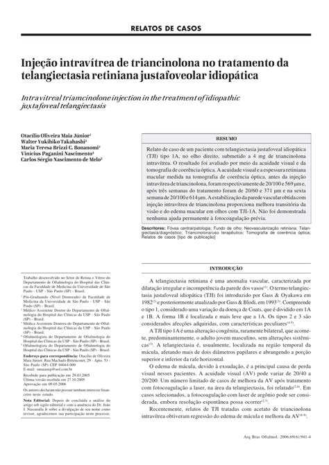 Pdf Intravitreal Triamcinolone Injection In The Treatment Of Idiopathic Juxtafoveal Telangiectasis