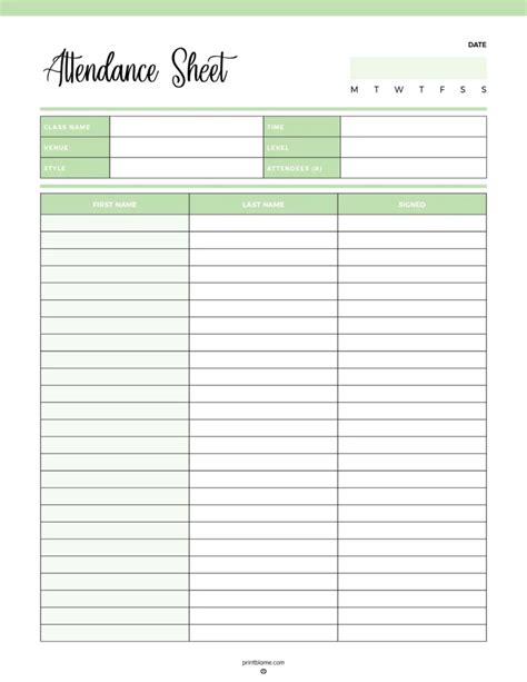 Class Attendance Sheet Printable Free Sign In Log