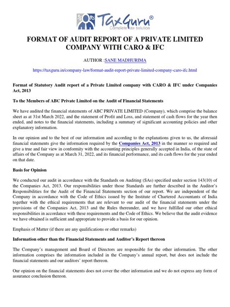 Format Of Audit Report Of A Private Limited Company With Caro And Ifc Format Of Audit Report Of A Private Limited Company With Caro And Ifc