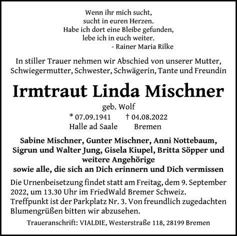 Traueranzeigen Von Irmtraut Linda Mischner Trauer And Gedenken