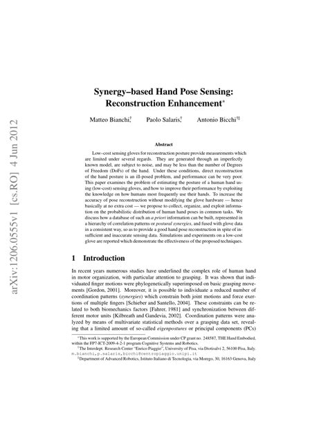 Pdf Synergy Based Hand Pose Sensing Reconstruction Enhancement