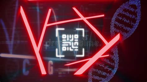 Digital Animation Of Glowing Qr Code Over Dna Structure Spinning And