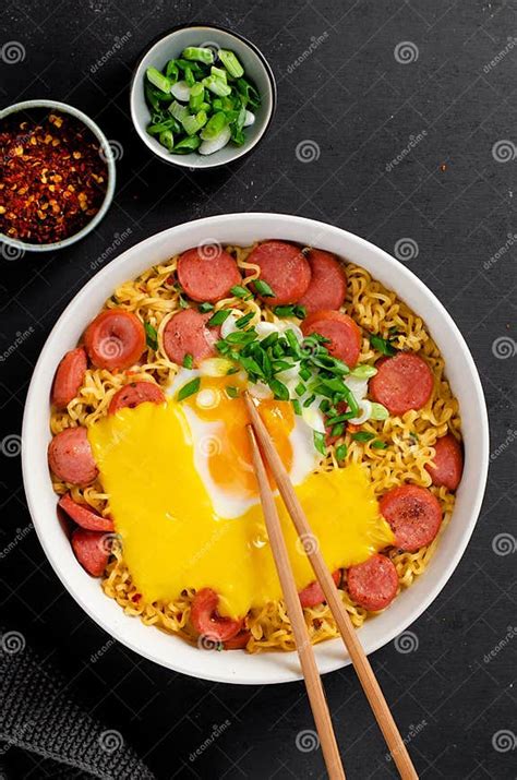 Ramen Noodles With Sausages Egg Melted Cheese And Scallion Microwave