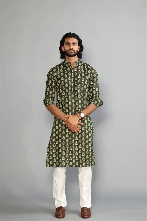 Juniper Green Block Print Sanganeri Kurta With White Pyjama At Rs 2999