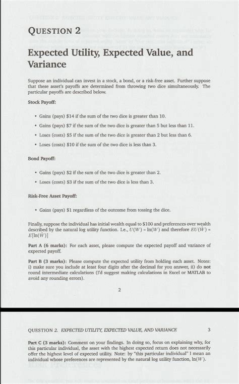 Solved Expected Utility Expected Value And Variance