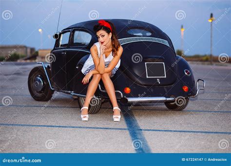 Beautiful Pin Up Girl Posing With Hot Road Car Stock Image Image Of