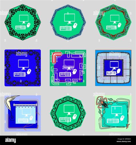 Computer Widescreen Monitor Keyboard Mouse Sign Icon Set Colourful Buttons Vector