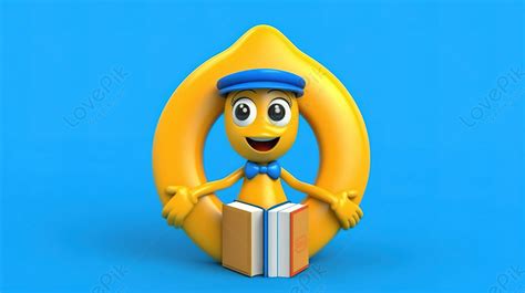 구명부표를 들고 있는 블루 북 캐릭터 마스코트 생생한 노란색 배경의 3d 렌더링 책을 들고 배경 노란 배경 지식 배경 이미지 Hd 책을 들고 노란 지식 배경