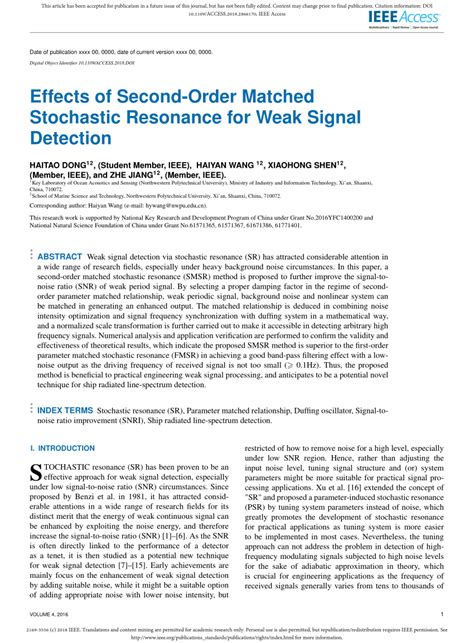 Pdf Effects Of Second Order Matched Stochastic Resonance For Weak Signal Detection