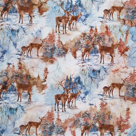 Highland View Deer White Multi Digitally Printed Yardage