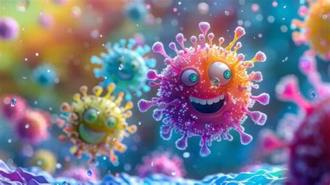 Cartoon Caricature Bacteria Funny Cute On Blurred Macro Background