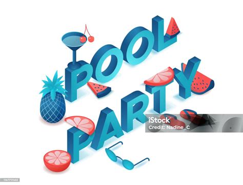 풀 파티 3d 아이소메트릭 편지 여름 이벤트 유형 과일 칵테일 워터 멜론 파인애플 현대 레터링 해변 요소 휴일 포스터 최신 유행 글꼴 3차원 형태에 대한 스톡 벡터 아트 및