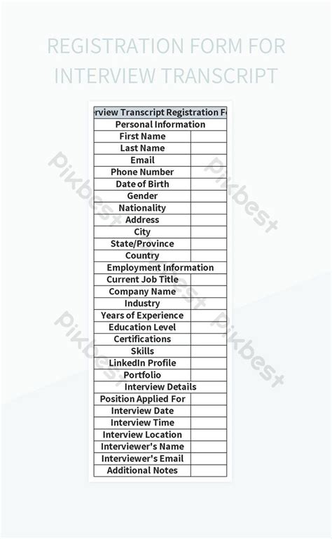 Interview Transcript Registration Form Excel Template Free Download Pikbest