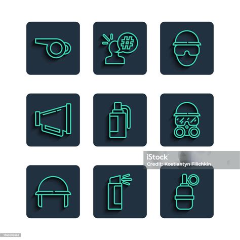 세트 라인 군사 헬멧 후추 스프레이 손 수류탄 특수 부대 군인 메가 폰 휘파람과 방독마스크 아이콘 벡터 개성 개념에 대한 스톡 벡터 아트 및 기타 이미지 Istock