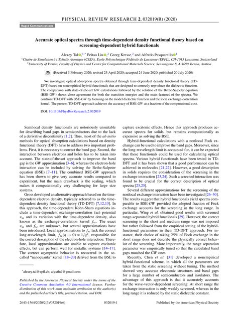 Pdf Accurate Optical Spectra Through Time Dependent Density Functional Theory Based On