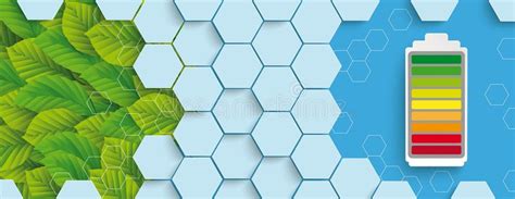 Blue Hexagon Structure Green Leaves Eco Battery Header Stock Vector