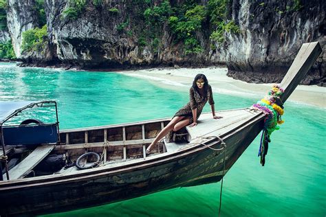 Women Brunette Black Hair Boat Sea Cliff Beach Colorful Women