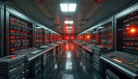 A High Tech Server Room Filled With Rows Of Machines And Illuminated By Intense Red Lights