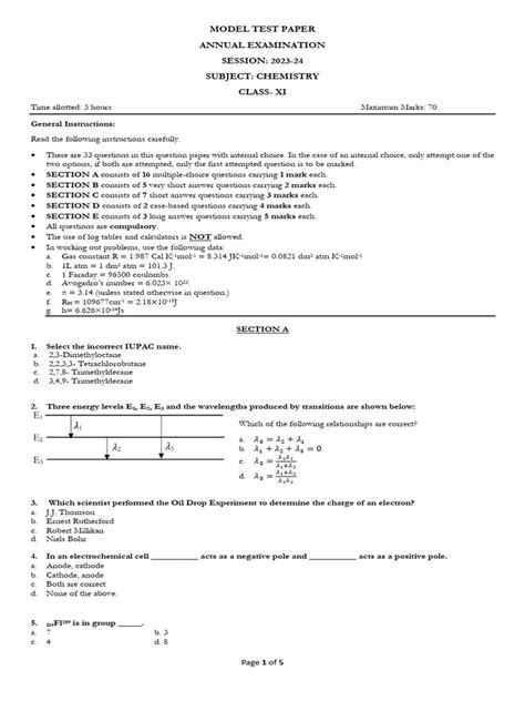 Model Test Paper 1 Pdf Electron Atomic Physics