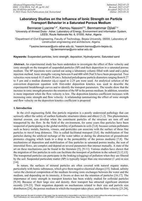 Pdf Laboratory Studies On The Influence Of Ionic Strength On Particle