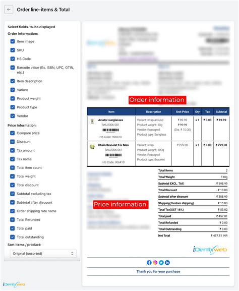 Customize Template Feature Order Printer PDF Invoice Shopify