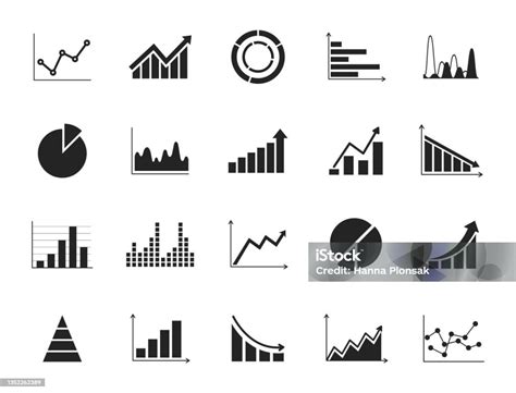 비즈니스 그래프 및 차트 아이콘 집합입니다 비즈니스 데이터 차트 재무 분석용 그래프 다이어그램 구성표 인포그래픽 분석 보고서 통계 데이터 성장 하락 및 원형 차트 아이콘