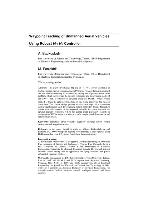 Pdf Waypoint Tracking Of Unmanned Aerial Vehicles Using Robust H2 H