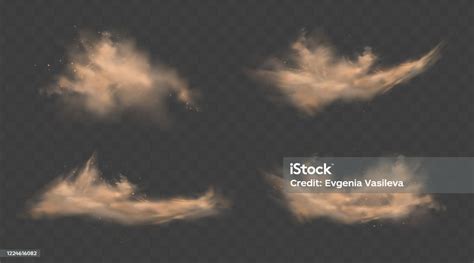 먼지 모래 구름돌로 설정하고 투명 한 배경에 고립 된 먼지 입자를 비행 사막 모래 폭풍 사실적인 벡터 일러스트레이션 3차원 형태에 대한 스톡 벡터 아트 및 기타 이미지