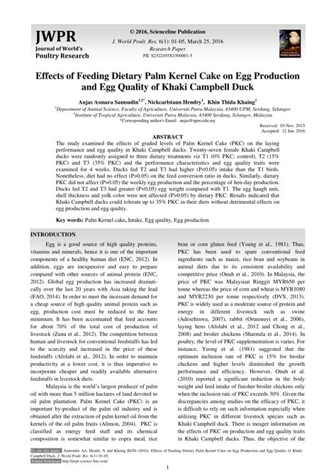 Pdf Effects Of Feeding Dietary Palm Kernel Cake On Egg Production 1 And Egg Quality Of Khaki