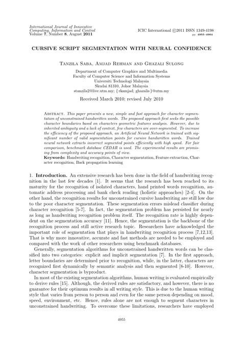 Pdf Cursive Script Segmentation With Neural Confidence