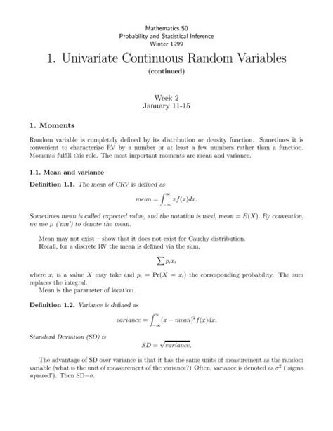 1 Univariate Continuous Random Variables Dartmouth College