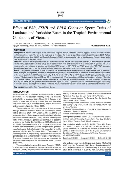 Pdf Effect Of Esr Fshb And Prlr Genes On Sperm Traits Of Landrace And Yorkshire Boars In The