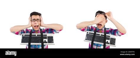 The Computer Nerd With Keyboard Isolated On White Stock Photo Alamy