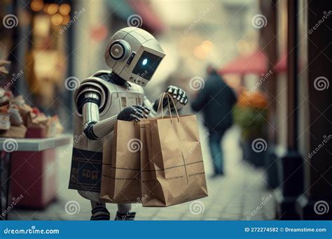 Artificial Inteligence Robot Smart Robot Helping Humans With Shopping Bags Ai Generated Stock