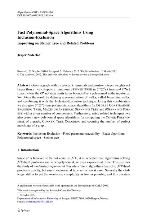 Pdf Fast Polynomial Space Algorithms Using Inclusion Exclusion