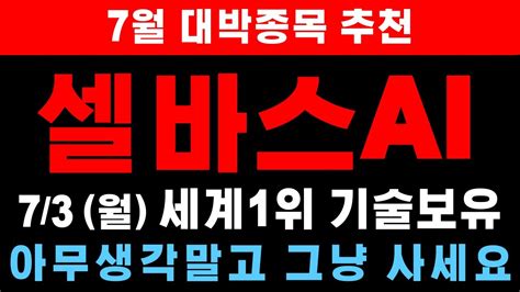 주가전망 셀바스ai 7월3일 월요일 세계 1위 기술 보유 이 주식 아무생각말고 그냥 사세요 Youtube