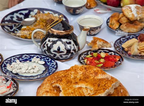 Traditional Meal With Tea And Tandoor Bread Served On Table In