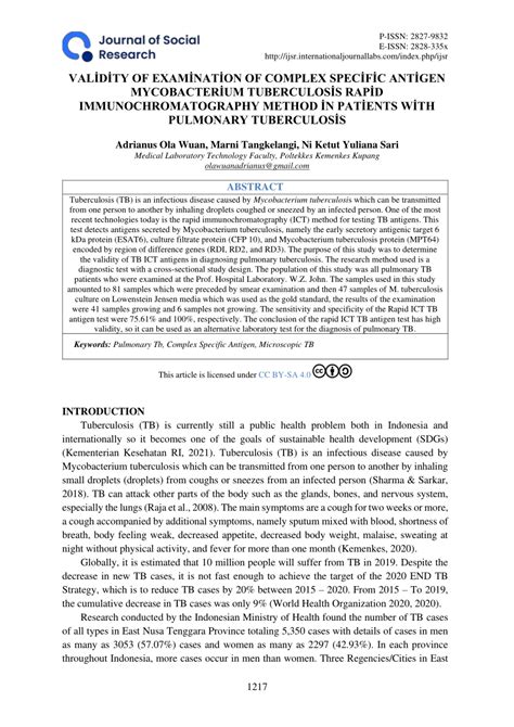 Pdf Validity Of Examination Of Complex Specific Antigen Mycobacterium Tuberculosis Rapid
