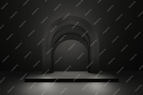 프로모션 디스플레이 3d 렌더가 있는 아치형 고급 기하학적 플랫폼이 있는 검은색의 어두운 현실감 있는 직사각형 받침대 연단 프리미엄 사진
