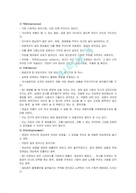 인간행동과사회환경 프로이드의 `방어기제`에 대해 그 개념 및 종류와 예시를 간단하게 정리하고4인문사회레포트