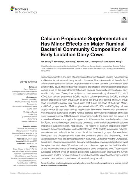 Pdf Calcium Propionate Supplementation Has Minor Effects On Major Ruminal Bacterial Community