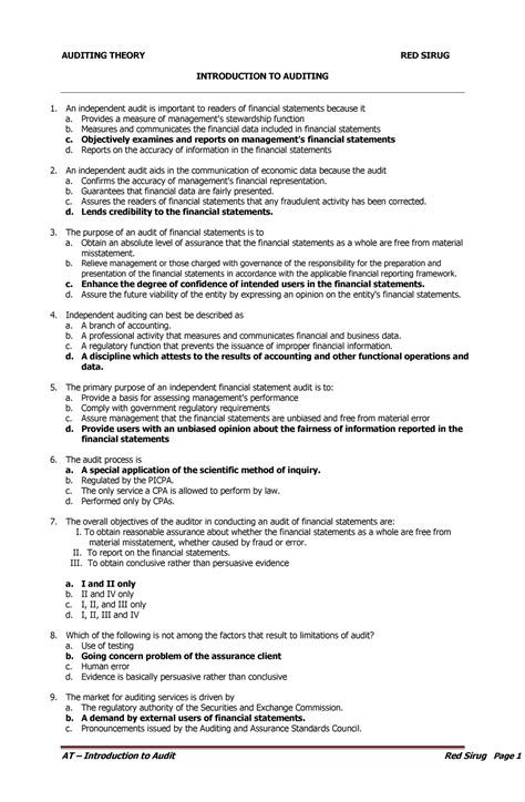 Audtheo Part 1 Auditing Theory Practice Questions Part 1 AUDITING THEORY RED SIRUG