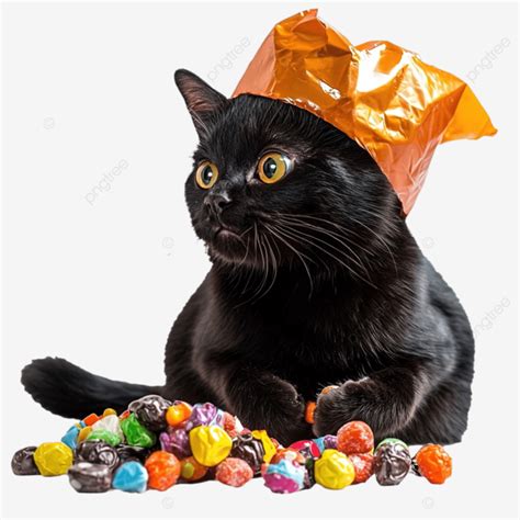사탕을 즐기는 의상을 입은 할로윈 검은 고양이 검은 고양이 마녀 모자 호박 의상 Png 일러스트 및 이미지 에 대한 무료 다운로드 Pngtree