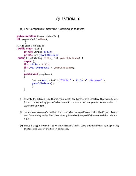 Solved Question 10 A The Comparable Interface Is Defined